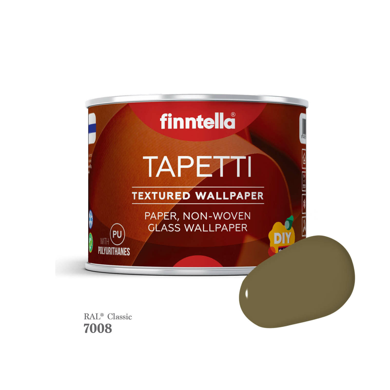 Шелковисто-матовая краска для обоев под окраску TAPETTI SILKKI Matta FINNTELLA, Цвет RAL 7008 Серое хаки (Khaki grey), 0,45л