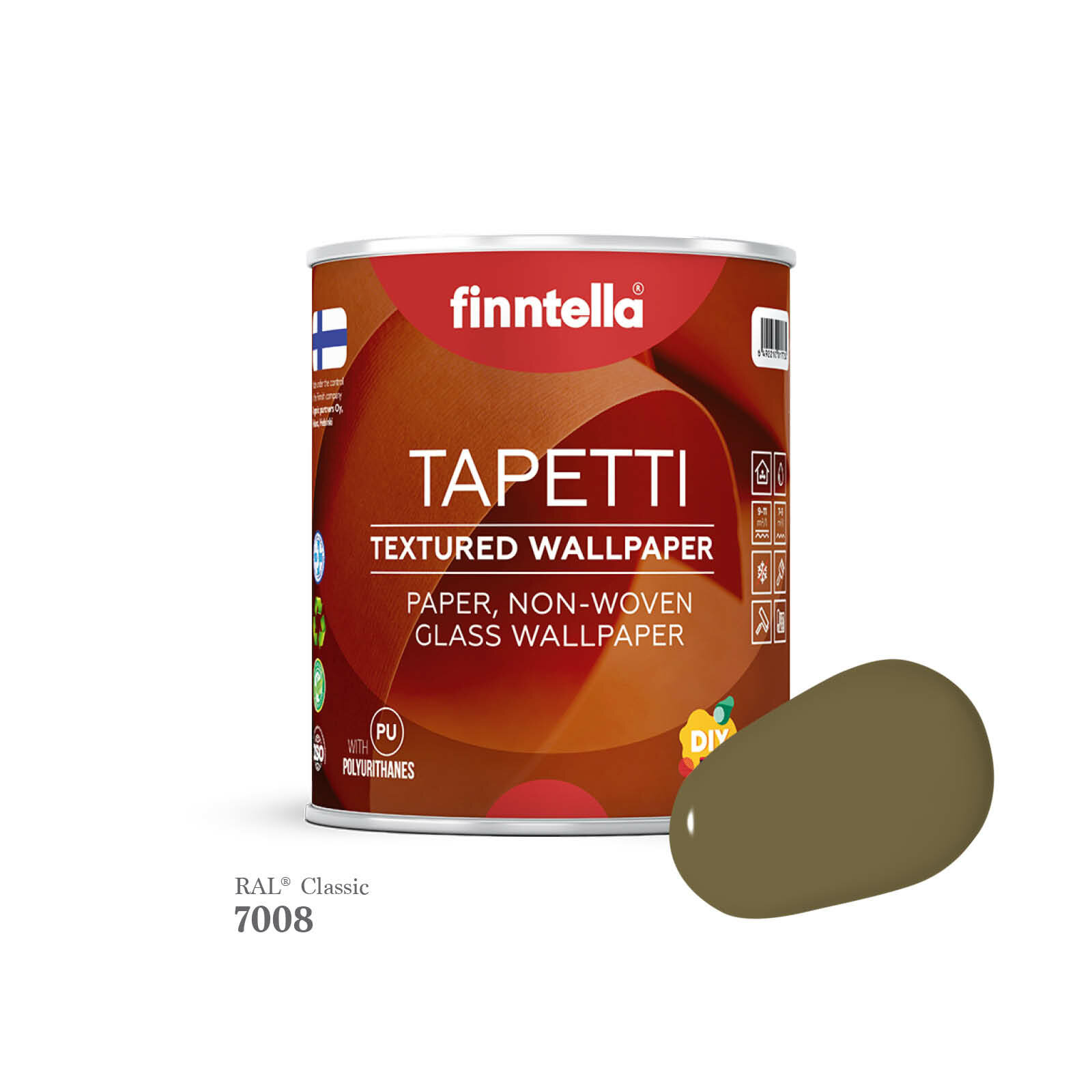 Шелковисто-матовая краска для обоев под окраску TAPETTI SILKKI Matta FINNTELLA, Цвет RAL 7008 Серое хаки (Khaki grey), 0,9л