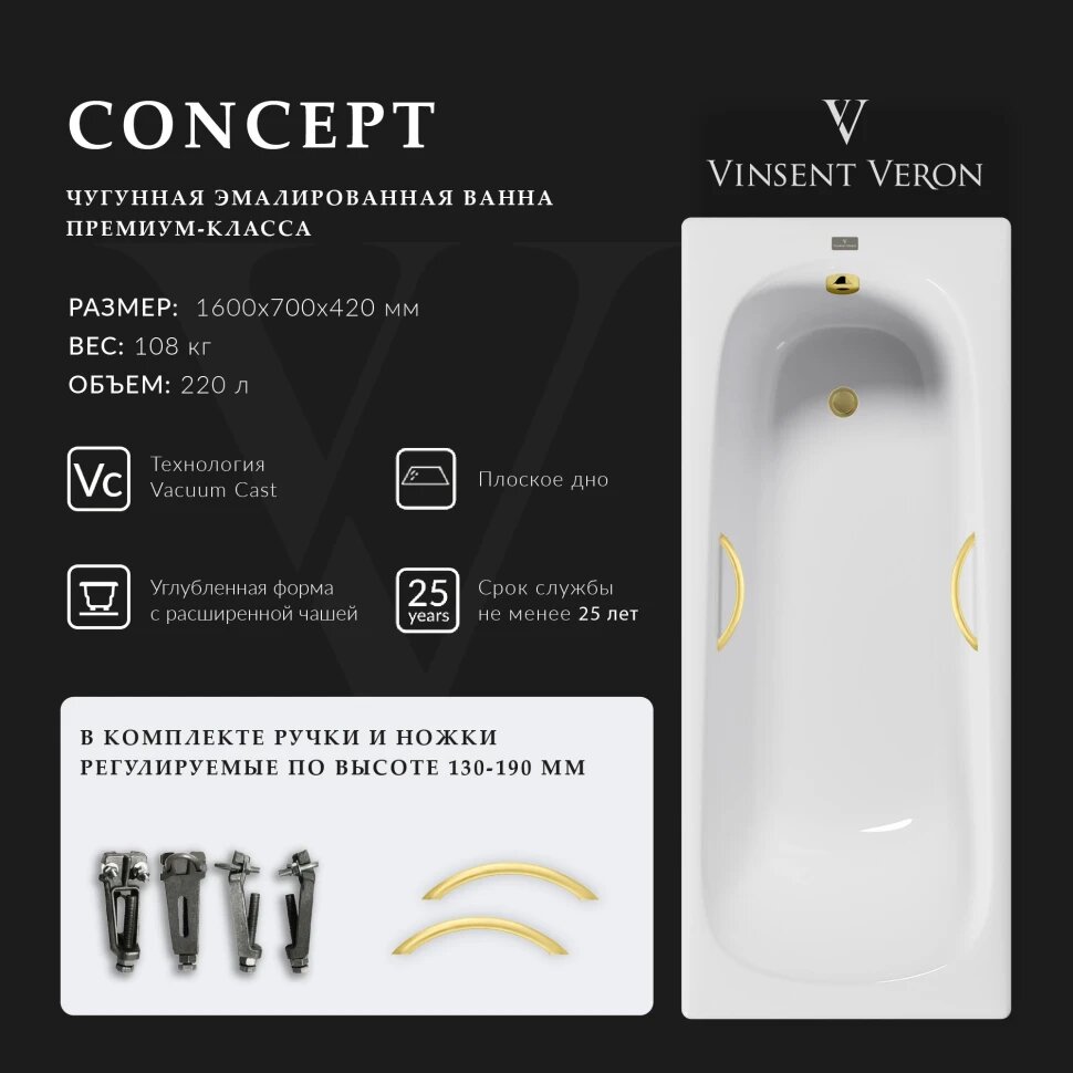 Ванна чугунная Vinsent Veron Concept VCO1607042H/VH0015MGD 160x70 см, с ручками, белый