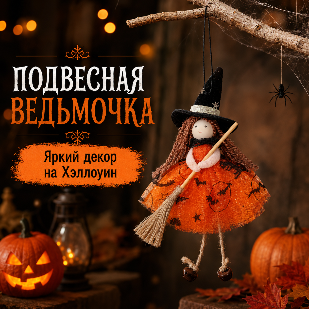 Подвесная ведьмочка в оранжевом платье с метлой для Хэллоуина