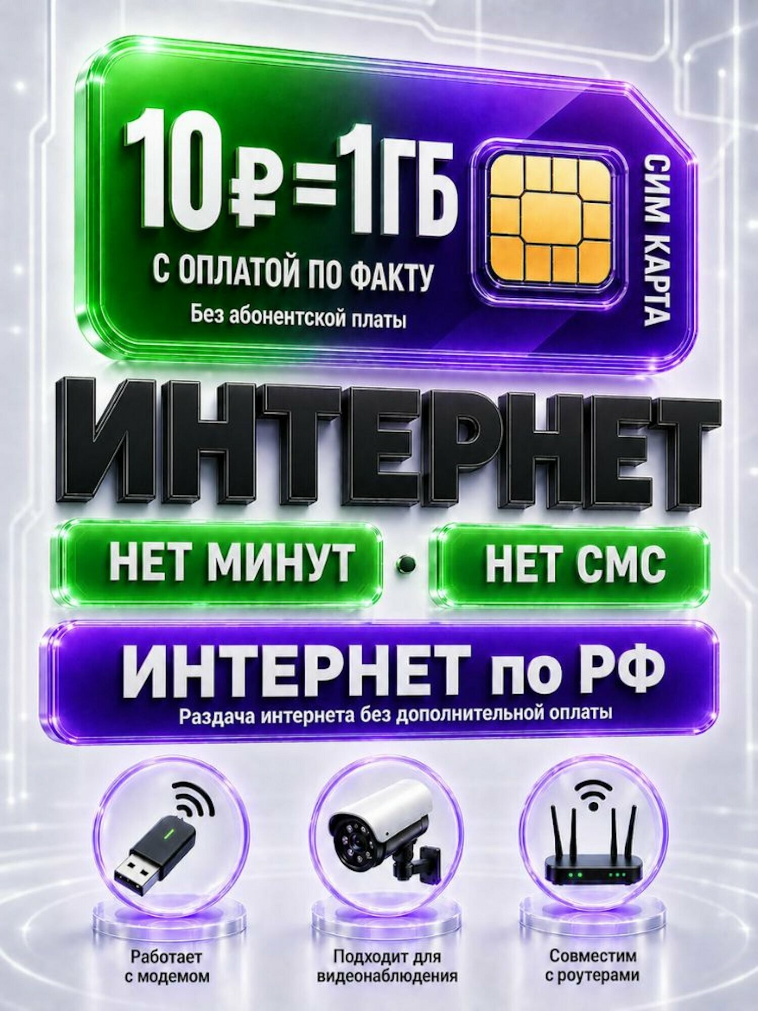 Сим карта интернет с оплатой по факту по РФ - тариф 10 руб - 1 ГБ для любых устройств роутер модем камера сотовый YFMV2