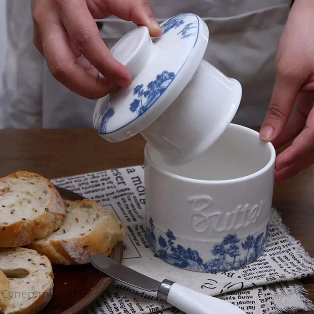 Масленка, сырница "Butter" с узором в стиле "гжель", из доломита, 750 мл — фото 1