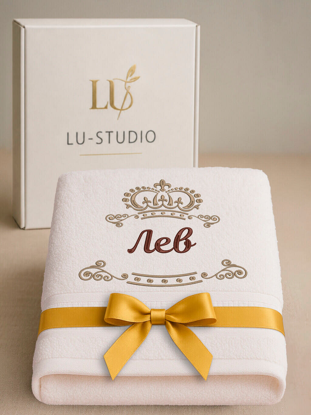 Полотенце Лев 70х140 подарок именная вышивка с короной, LU-Studio, белый, 460 г/м², 100% хлопок