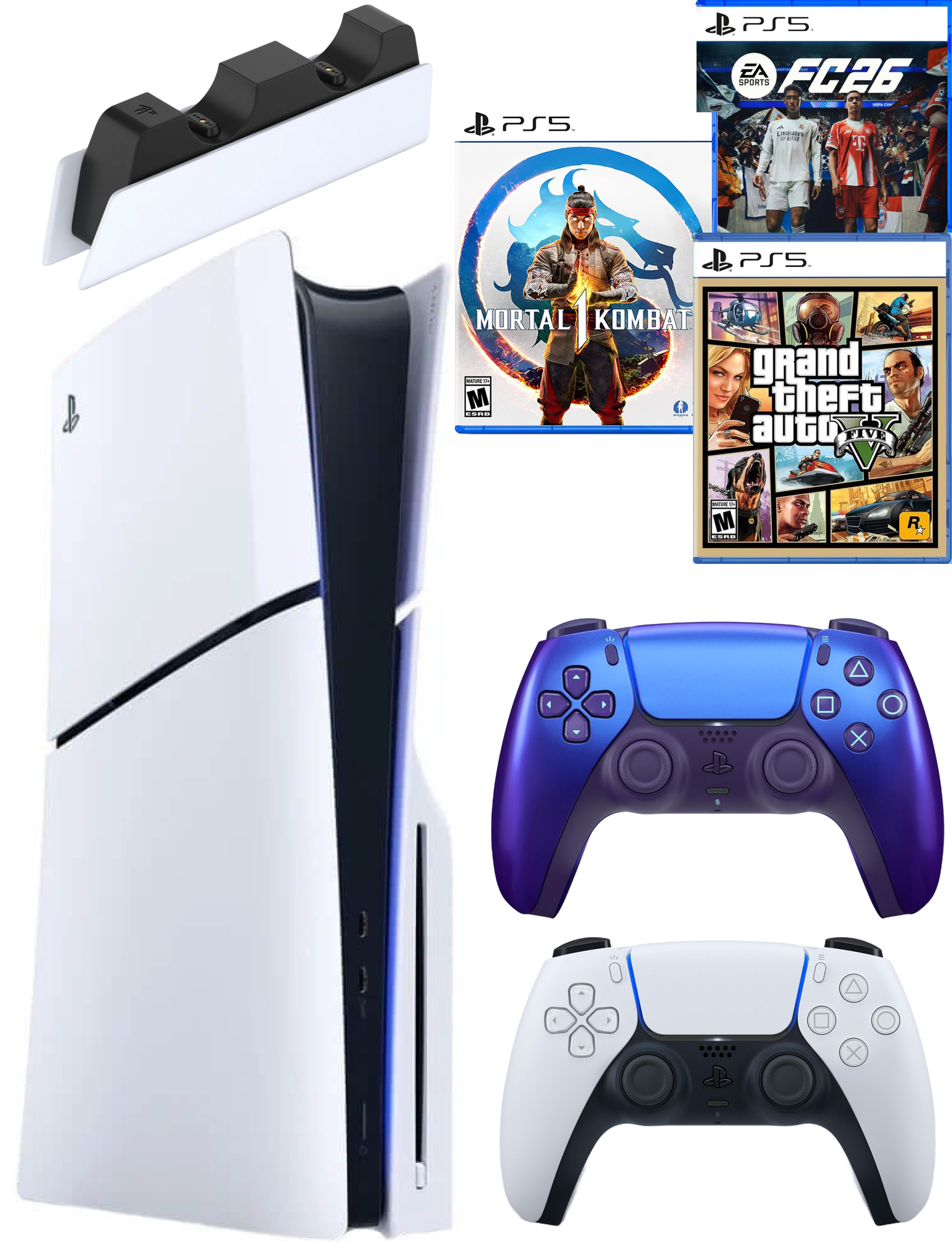 Игровая приставка Sony PS 5 Slim, 1ТБ(с дисководом)+2-ой геймпад+Зарядная станция+3 игры(MK1, FC26, GTA5)