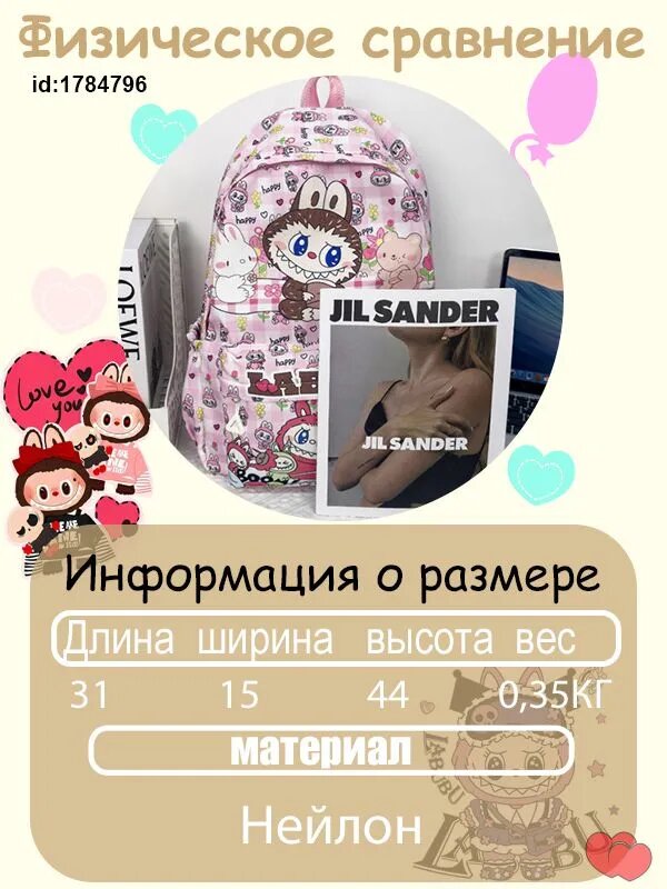 Рюкзак Лабубу, С, нейлон, для девочек, школьный — фото 1