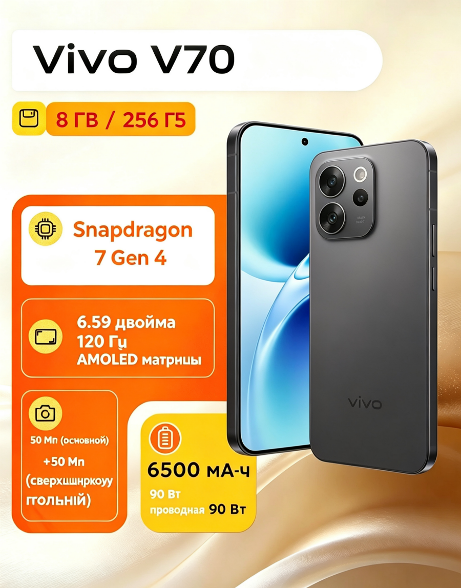 Смартфон vivo V70 Ростест (EAC) 5G, 8/256 ГБ, NFC, Snapdragon 7 Gen 4, 6500 мАч+90 Вт, Серый