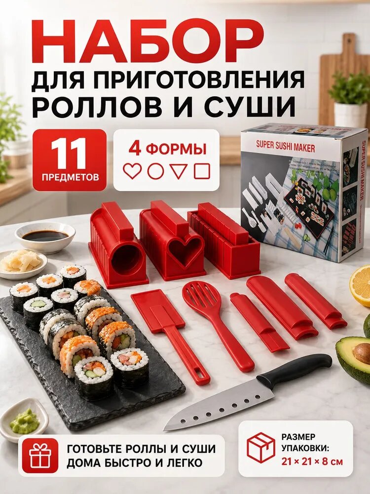 Форма для роллов Sushi Maker, набор для приготовления суши дома, легкое приготовление роллов, красная форма