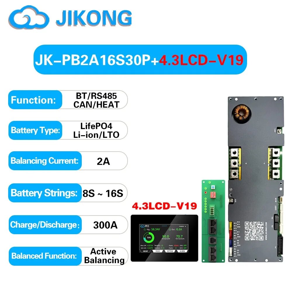 JIKONG V19 BMS для Li-ion/LiFePO4 8S-16S 100-300А JK-PB2A16S30P 4.3V19