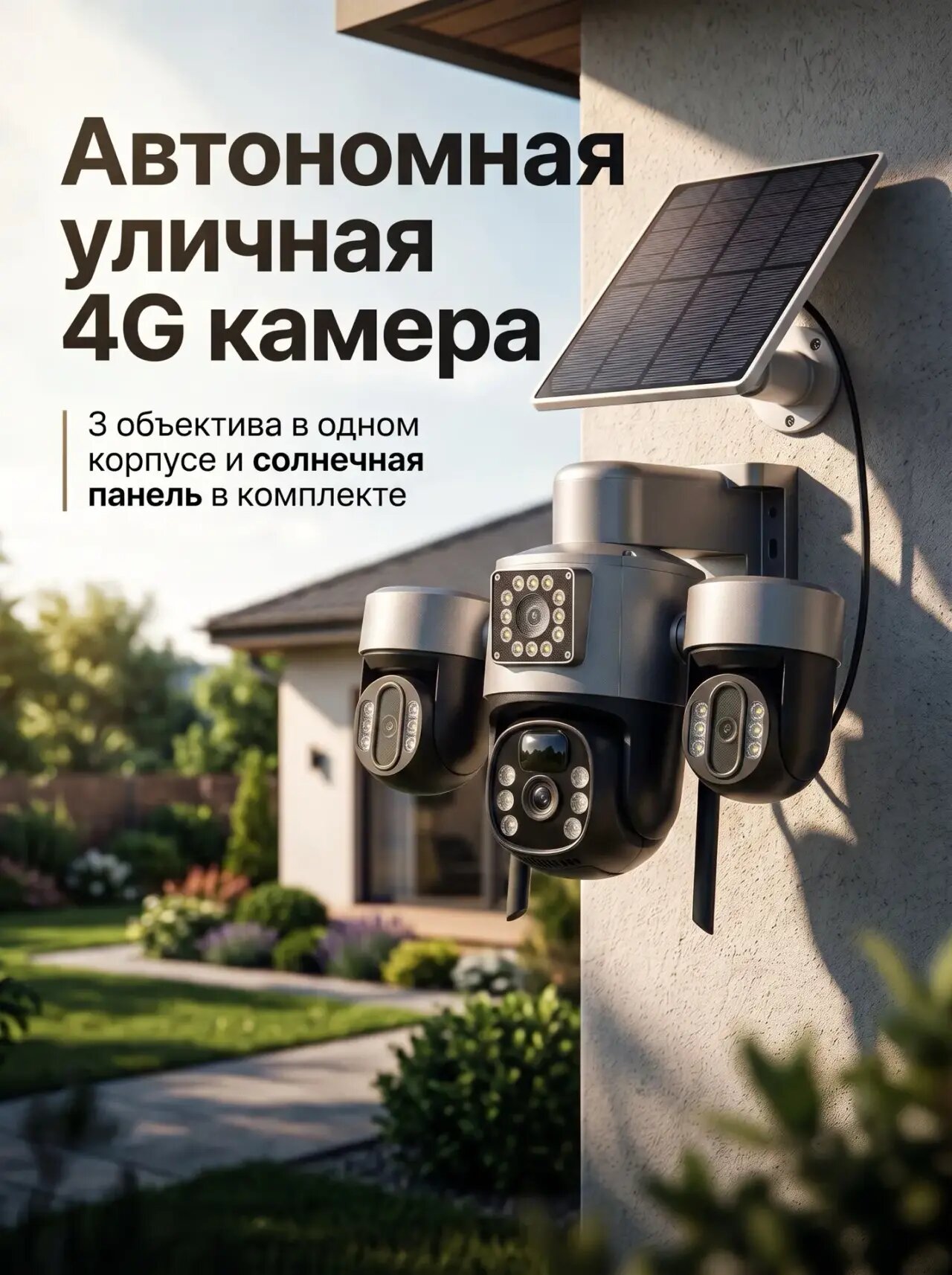 Камера видеонаблюдения с 3 объективами для дома / Камера видеонаблюдения уличная 4g на солнечной батарее