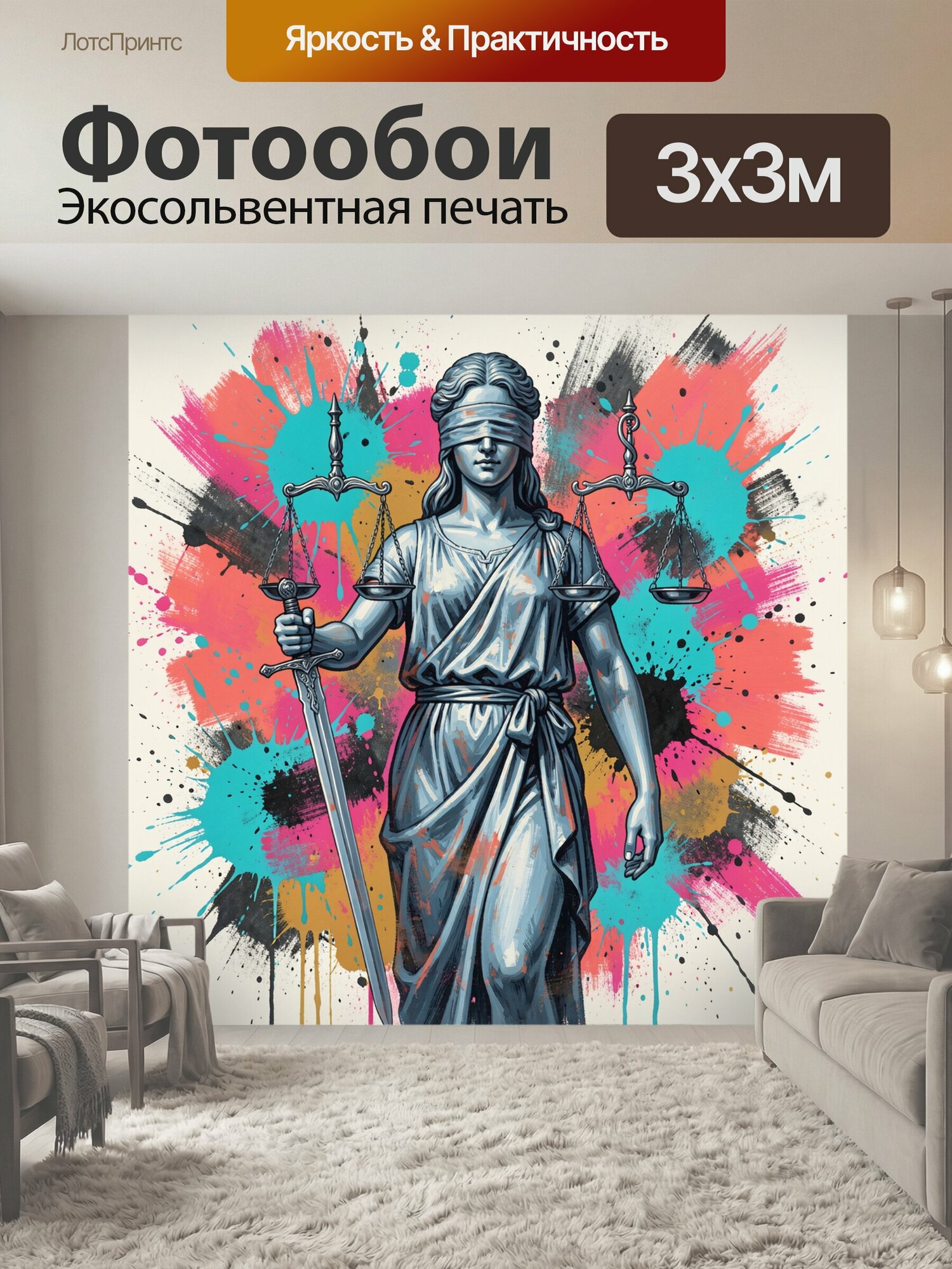 Фотообои "Фемида с весами и мечом. Аллегория правосудия: слепая античная богиня в серебристых одеждах на фоне ярких бирюзовых, коралловых." 300x300 см. экосольвентная печать