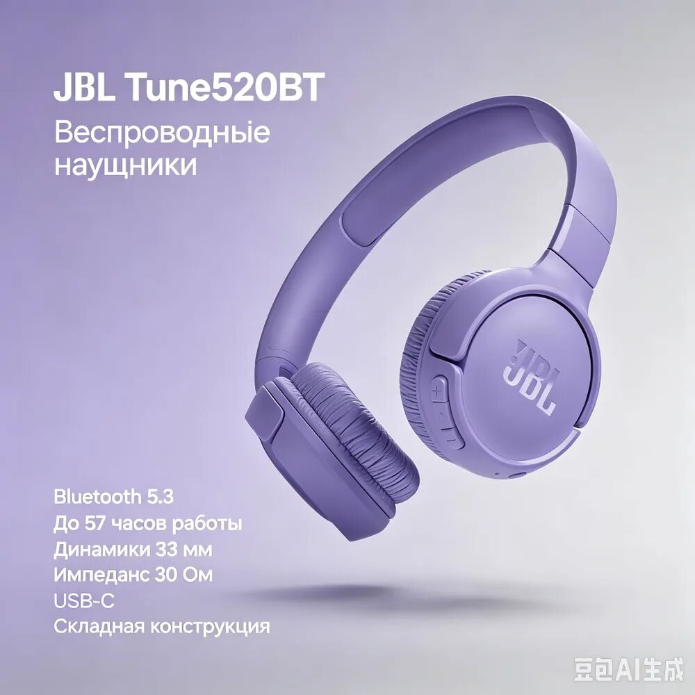 Наушники беспроводные с микрофоном JBL TUNE 520BT, Bluetooth, USB Type-C, фиолетовый