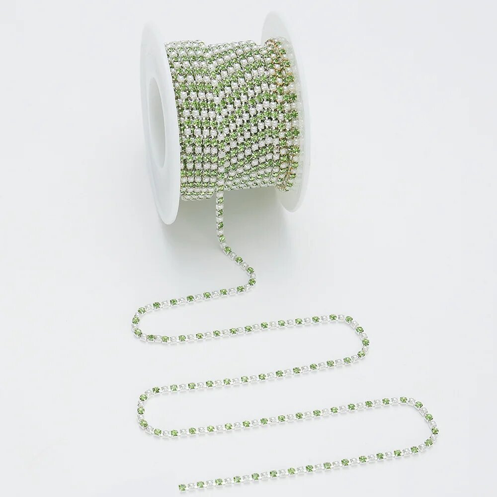 Цепочка из страз Crystal AB 2 мм, 3 мм серебряное/розовое 1 Yard 0.9Meter, SS6- 2mm, silver Peridot