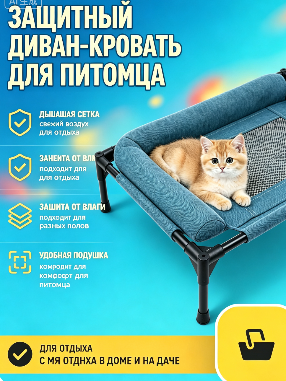 Высокая лежанка-соффа синего цвета 64×44×17 см, дышащая разборная кровать для кошек и собак с влагозащитой от пола