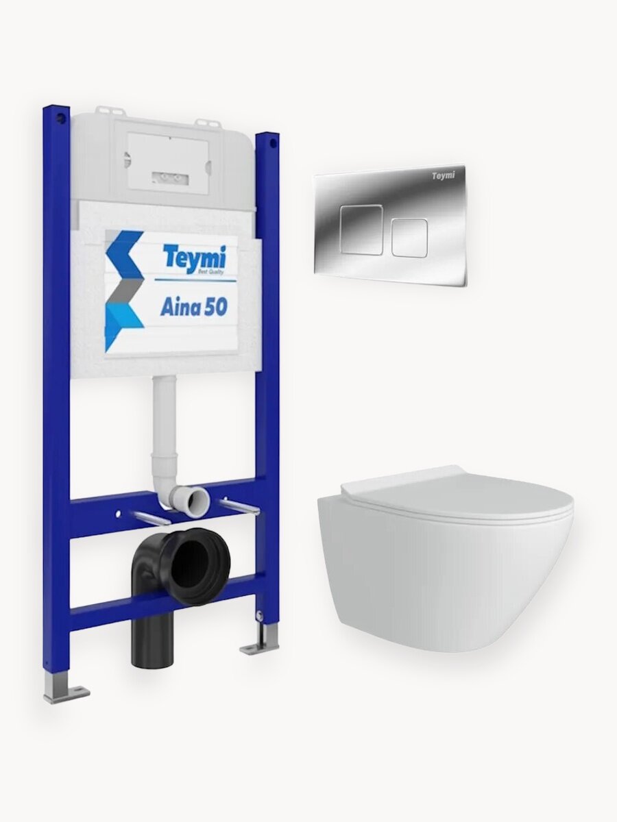 Инсталляция с унитазом комплект 5 в 1 Teymi унитаз подвесной безободковый Lina Pro кнопка хром F00798