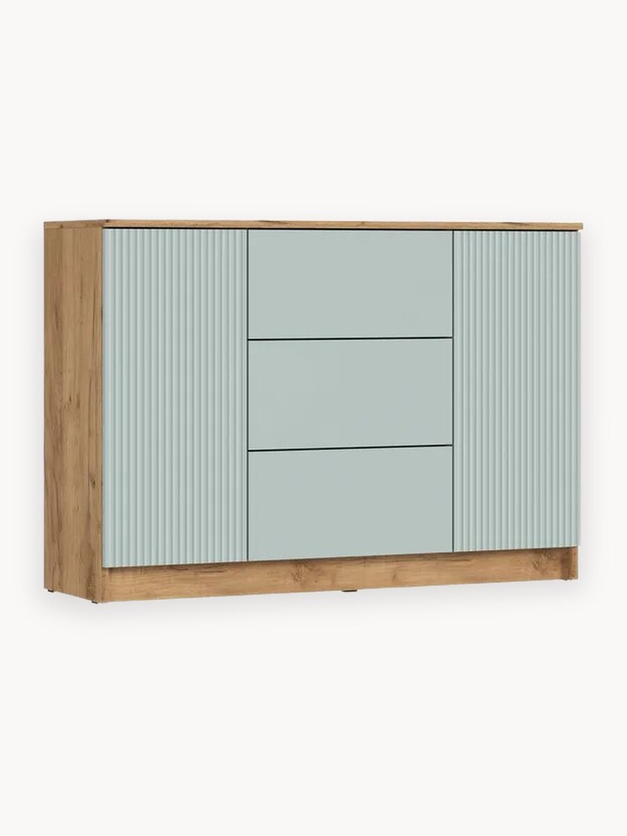 Комод Стендмебель "Меган", ЛДСП, 3 ящика, светло-голубой дуб крафт золото, с полками, классический стиль