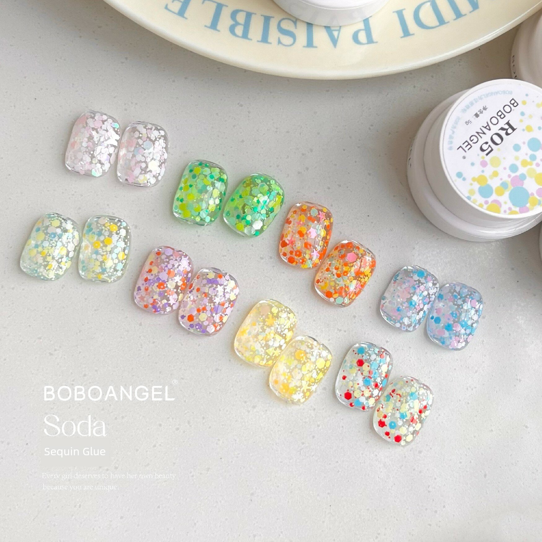 BOBOANGEL Soda Glitter Glue 5g Jar - 8 Цветов Конфетной Палитры для Летних Поделок, 80-120 Символов