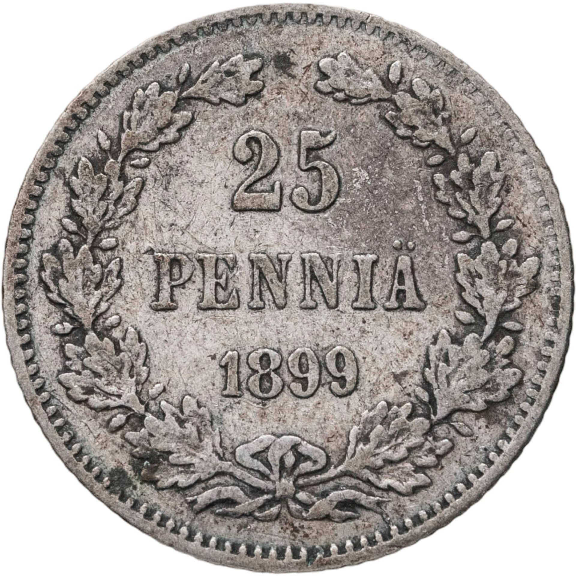 25 пенни pennia 1899 L Российская Финляндия, Серебро 750, в сохранности VF