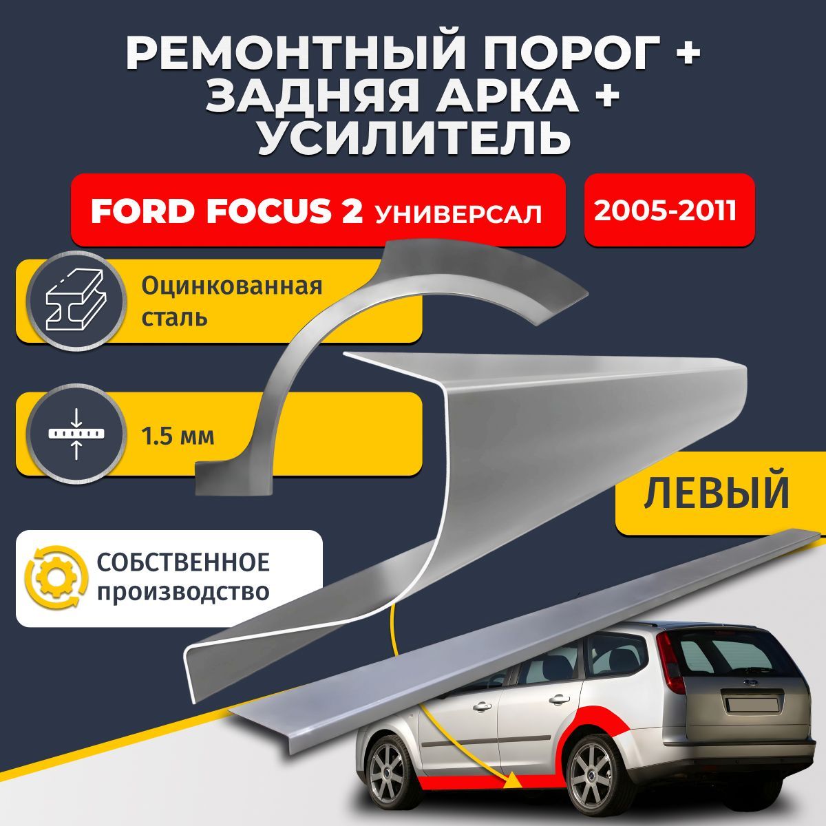 Левая ремонтная задняя арка (0,8 мм) и левый ремонтный стандартный порог (1.5 мм) + усилитель (1,5 мм) на Ford Focus 2 2004-2011 универсал (Форд Фокус 2). Материал оцинкованная сталь.