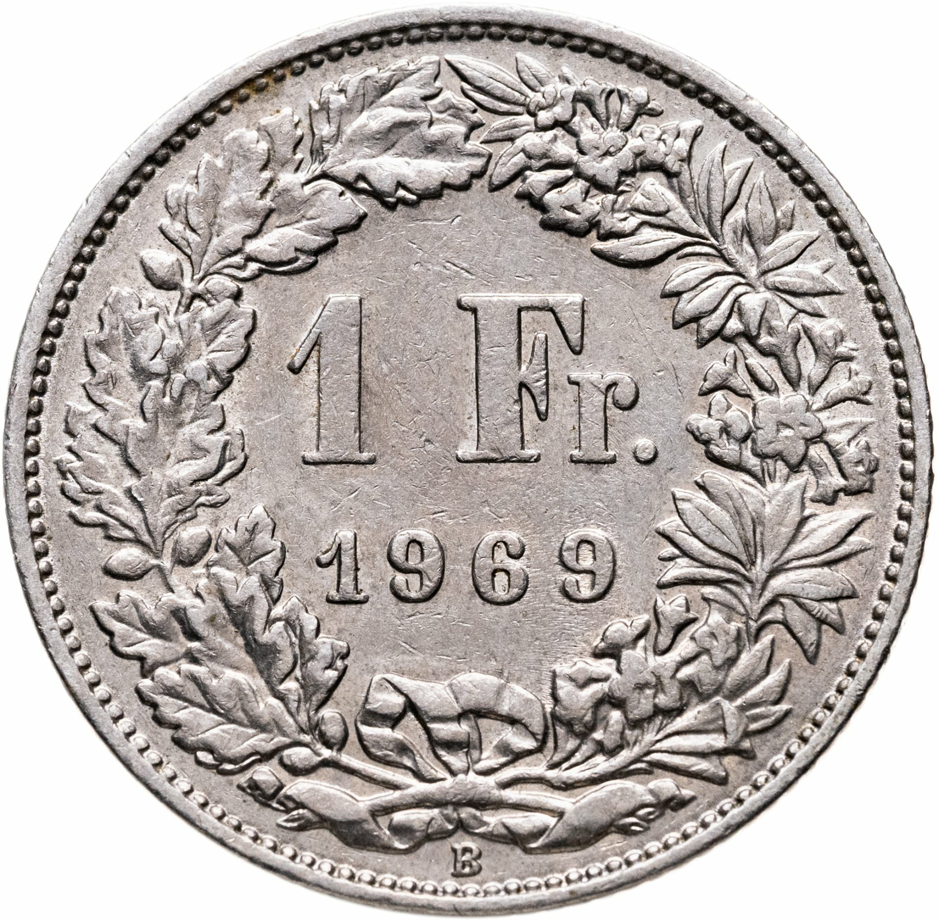 Швейцария 1 франк franc 1969, Мельхиор медь-никель, в сохранности XF