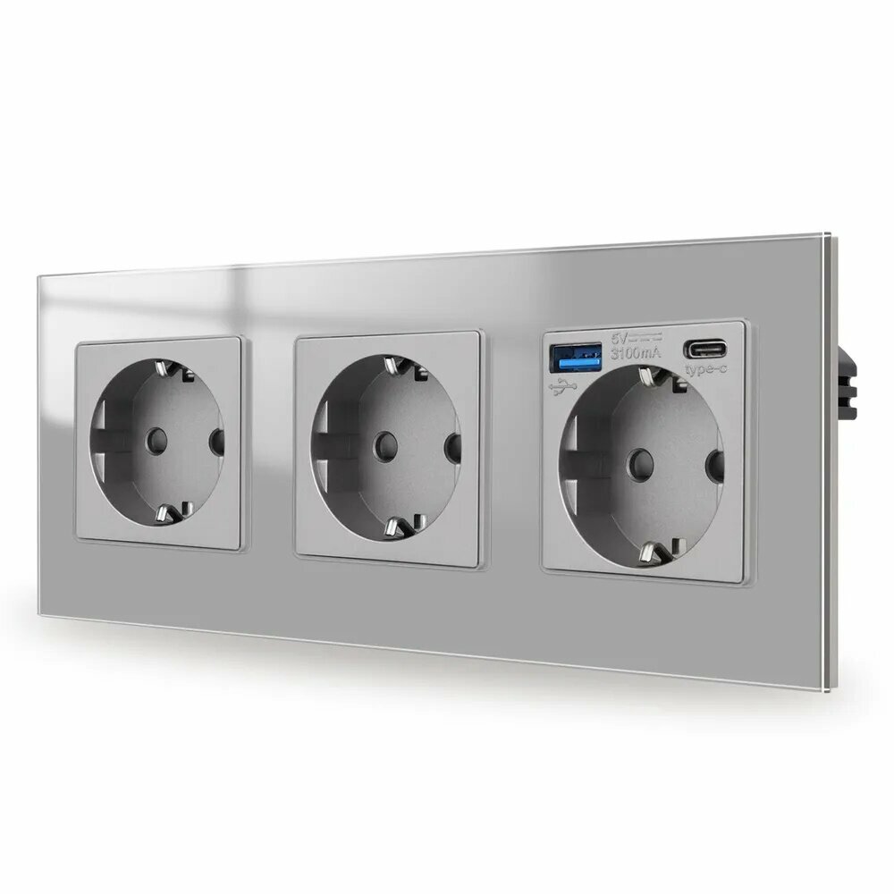 Розетка электрическая 3 поста с USB/Type-C быстрая зарядка 20W и розеткой EU 220, цвет серый,1шт
