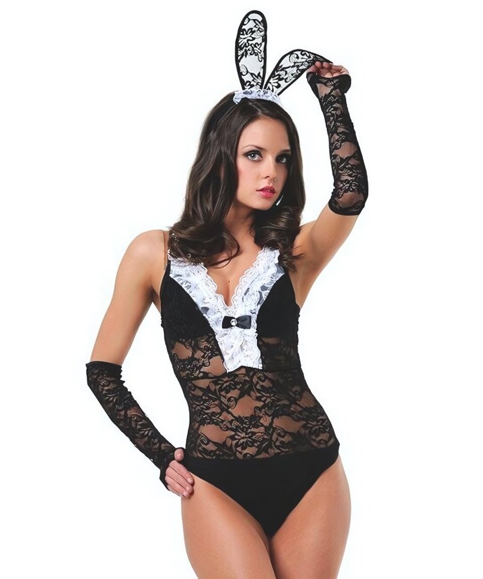 Эротический костюм зайца XL/XXL, черный/белый, кружевной, с аксессуарами