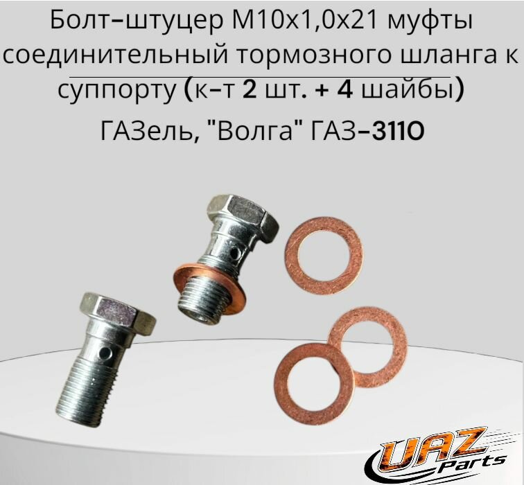 Болт-штуцер М10х1,0х21 муфты соединительный тормозного шланга к суппорту ГАЗель, "Волга" ГАЗ-3110 (к-т 2 шт. + 4 шайбы)