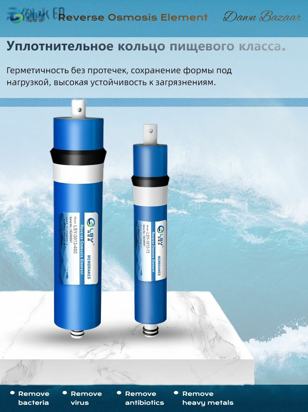 LSY Мембрана обратного осмоса 2012-100 /100 GPD (379 л/д), 298 48 мм, высокая производительность, совместима с корпусами 1812/2012