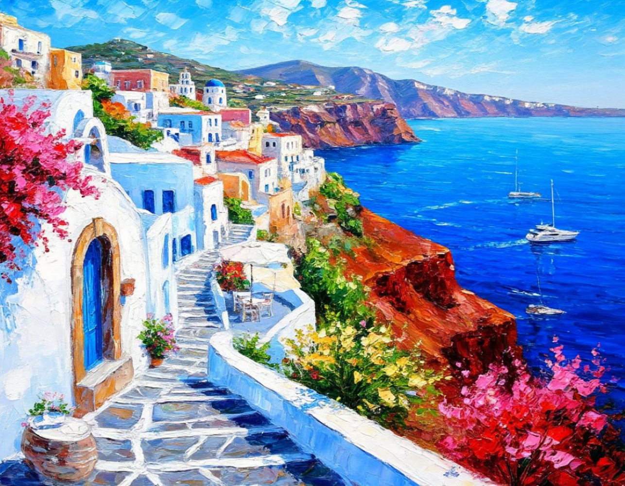 Картина по номерам "Солнечный Санторини" 40х50 см, хлопковый холст на подрамнике, акрил, Art Hobby Home