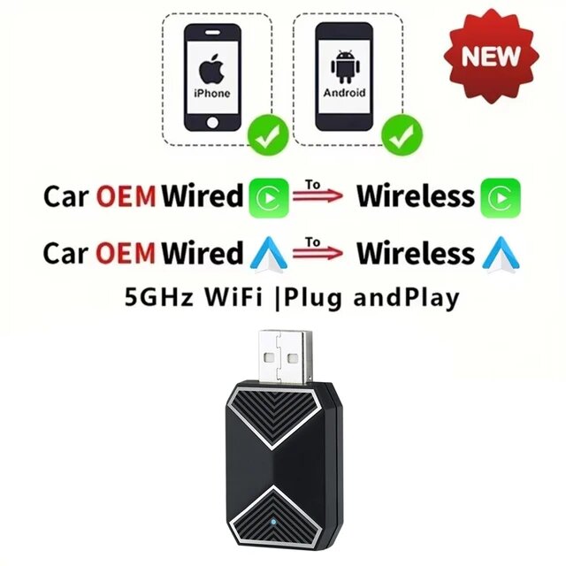 Беспроводной адаптер CarPlay 2-в-1 и беспроводной адаптер Android Mini Auto, Wi-Fi 5 ГГц, разъемы Type-C/USB, подключение и использование без установки драйверов.