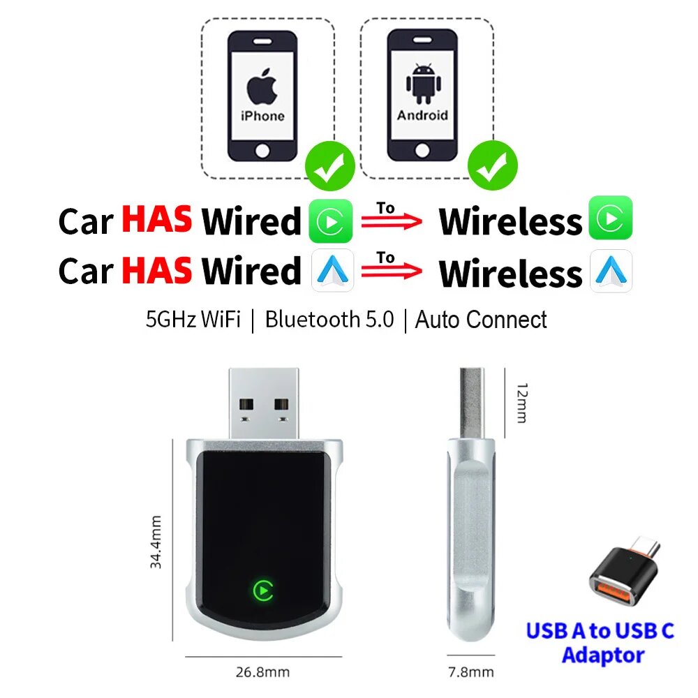 CarAiBOX EC25 двусторонний 2 в 1, беспроводной адаптер CarPlay Android с прямой вставкой, автомобильные аксессуары, гаджеты Plug and Play