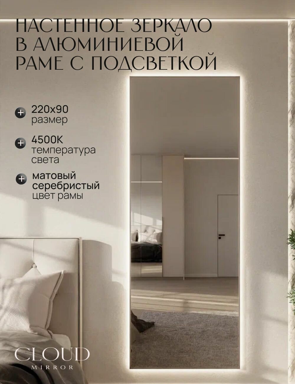 Зеркало 220х90 см. серебро с подсветкой. Свет: Нейтральный белый 4500К. В алюминиевой раме интерьерное настенное настенное CLOUD MIRROR