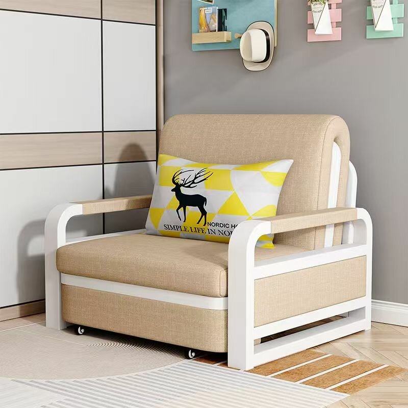 Кресло-кровать, раскладное, лен, хаки с белой рамкой, с подлокотниками