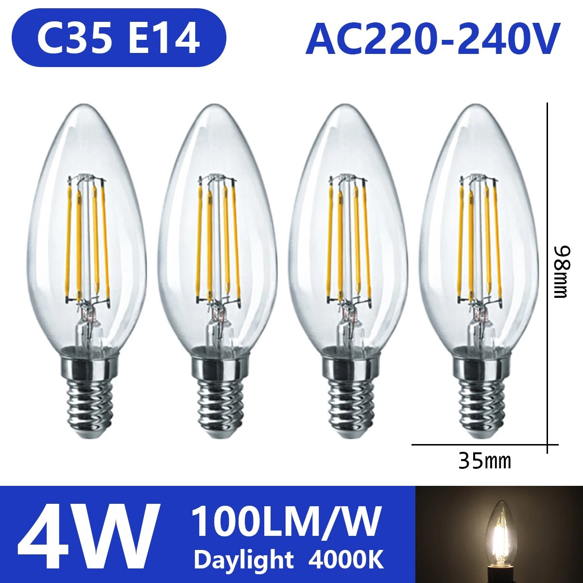 4 шт. LED лампа C35 E14 4000K 4W