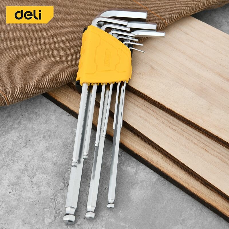 Набор шестигранных ключей с шаром сверхдлинных Deli DL3090 размер 1,5-10 мм, пластиковый держатель