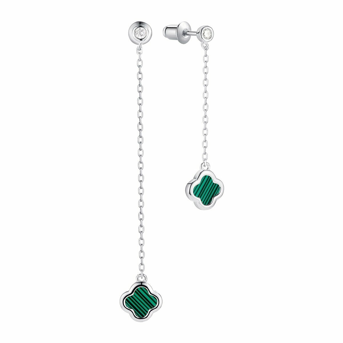 Серьги, серебро, 925 проба, малахит, фианит