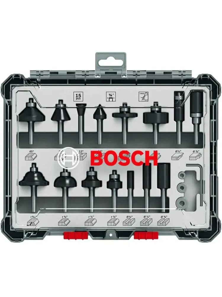 BOSCH 2607017473 Набор фрезерных фрез 1/4 дюйма в кейсе 15 шт для дерева — фото 1
