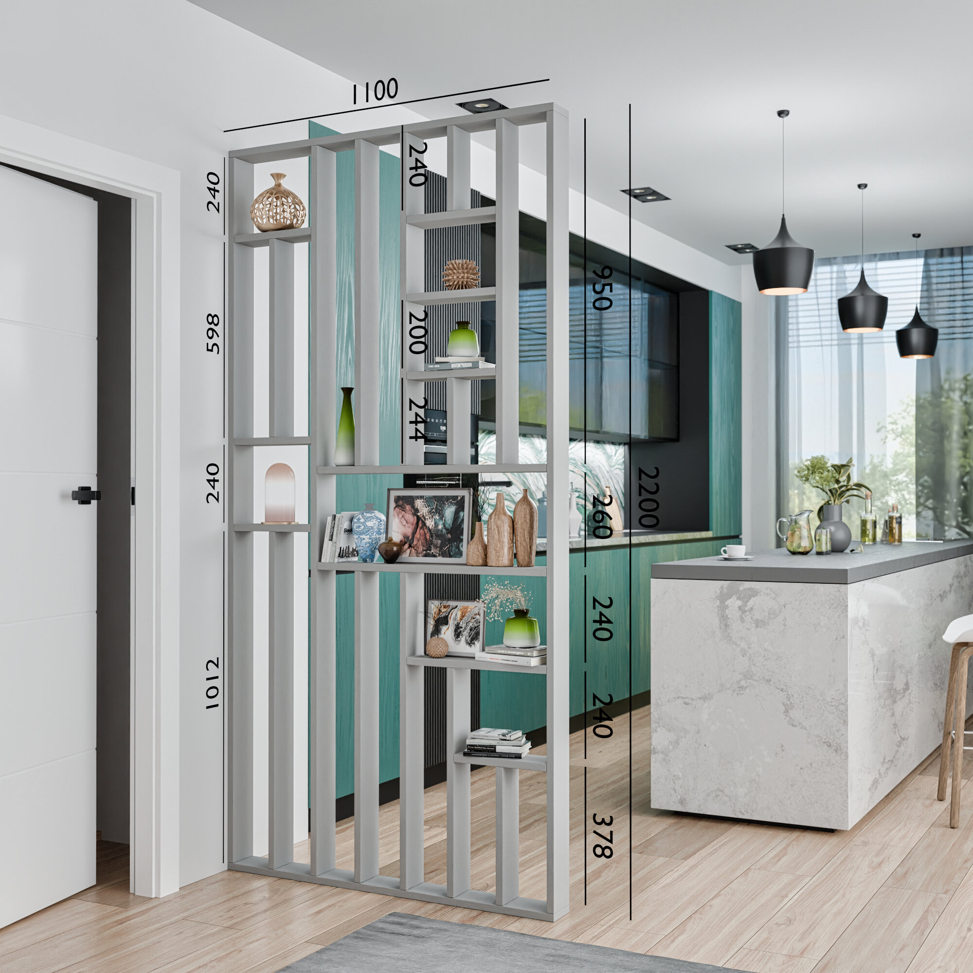 Реечная перегородка для зонирования пространства 1100 мм, Светло-серый