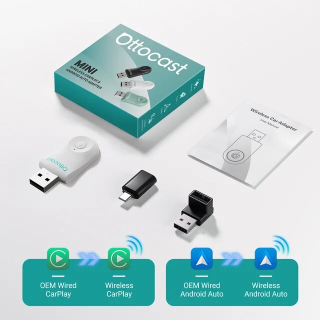 Автомобильный адаптер OTTOCAST MINI 2-в-1 с проводным подключением к беспроводной сети CarPlay и Android (USB-адаптер Wi-Fi), совместимый с автомобилями Volkswagen, Mercedes-Benz, Audi, Kia и Toyota.