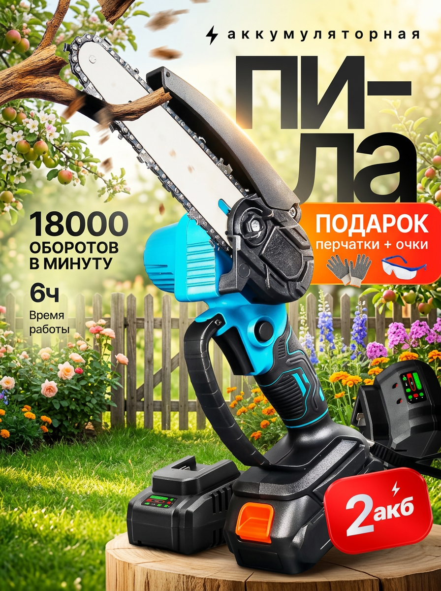 Пила аккумуляторная цепная садовая мини сучкорез 8 + 6 дюймов в комплекте, мини пила садовая, 20 + 15 см, кусторез, 48В