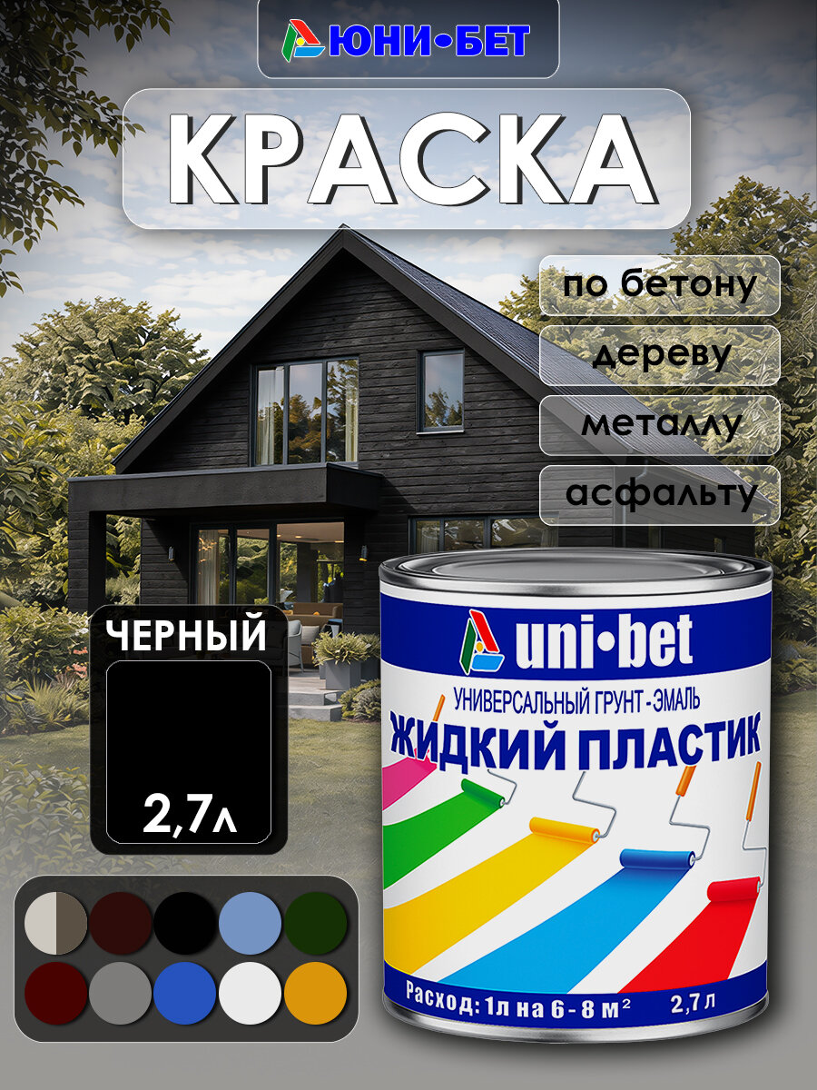 Краска для бетона металла дерева асфальта 2,7л черный грунт эмаль UNI-BET