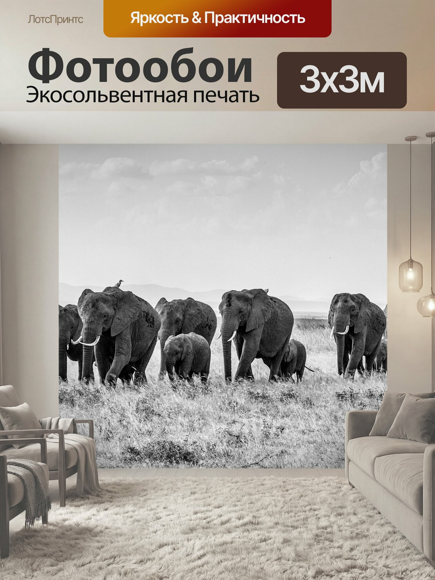 Фотообои "Саванновый африканский слон, слоны, стадо слонов" 300x300 см. экосольвентная печать