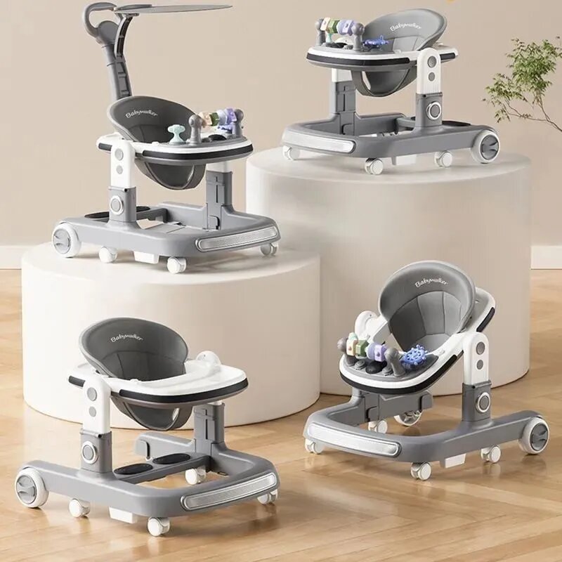 Ходунки детские Babywalker Серые Унисекс, 6-12 месяцев, с игровой панелью и ручкой для родителей — фото 1