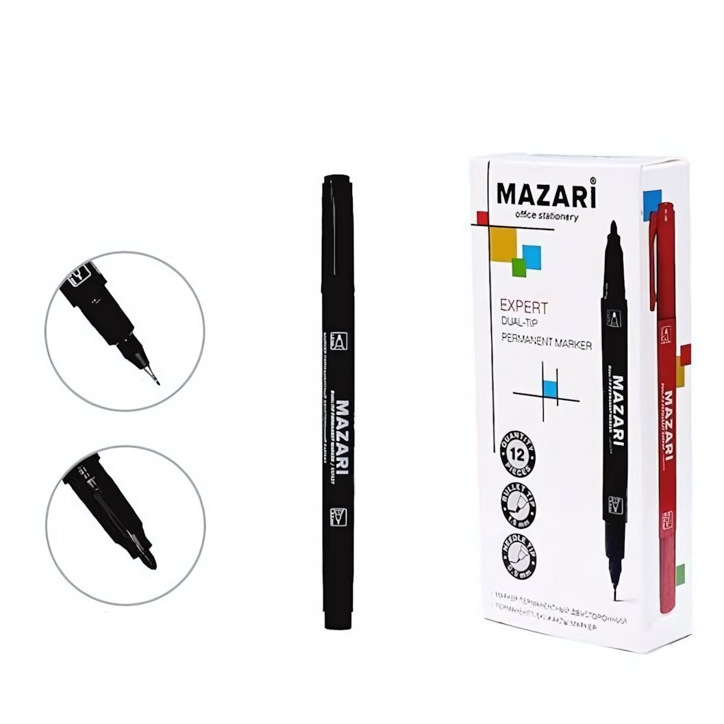Перманентный маркер Mazari "Expert" двусторонний, черный, пулевидный наконечник и линер 1.5/0.5 мм