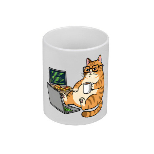 Кружка «Ленивый полосатый кот-программист за ноутбуком» (белый)