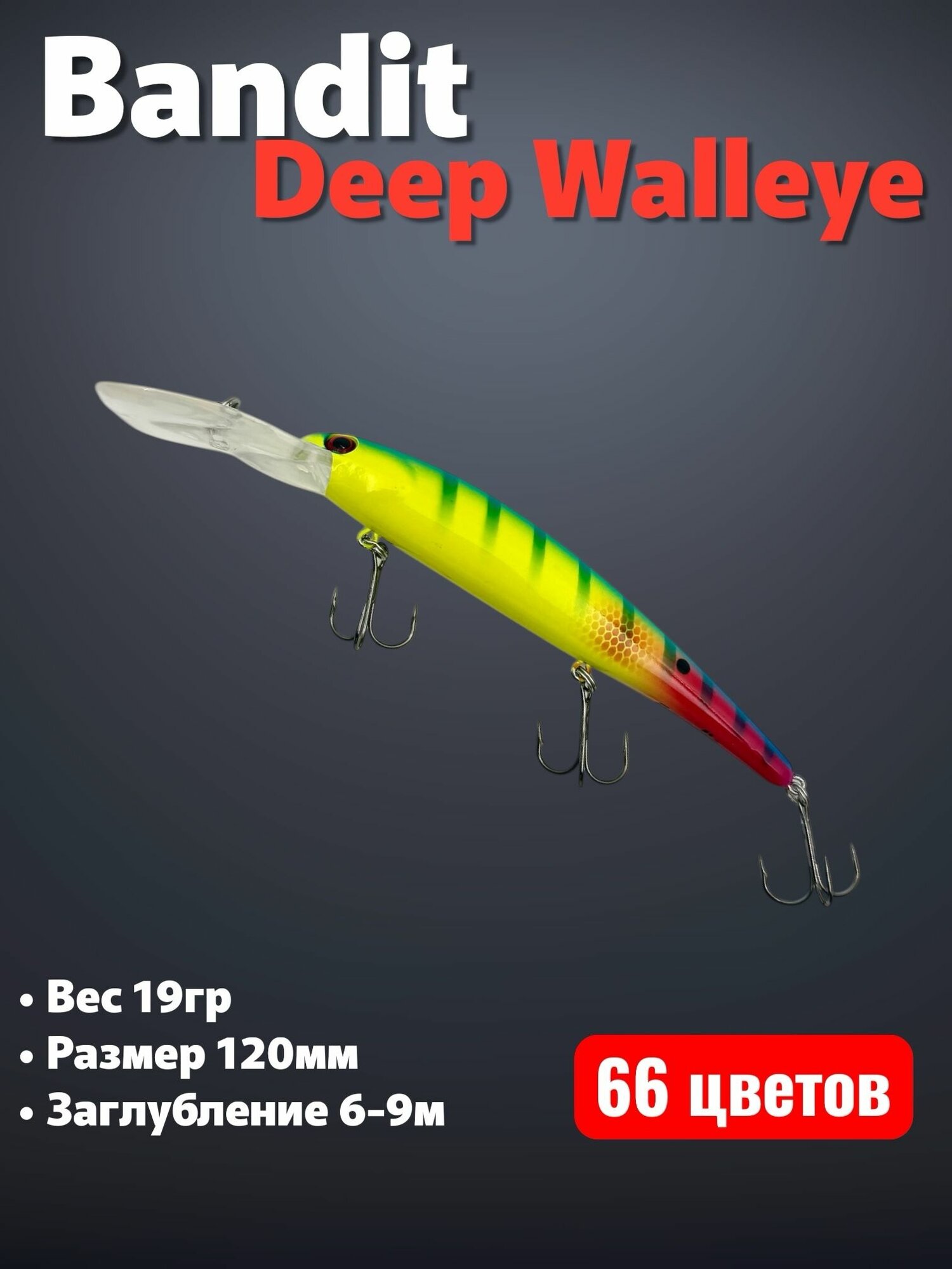 Воблер Bandit Deep Walleye 6-9м 120мм, воблер для троллинга