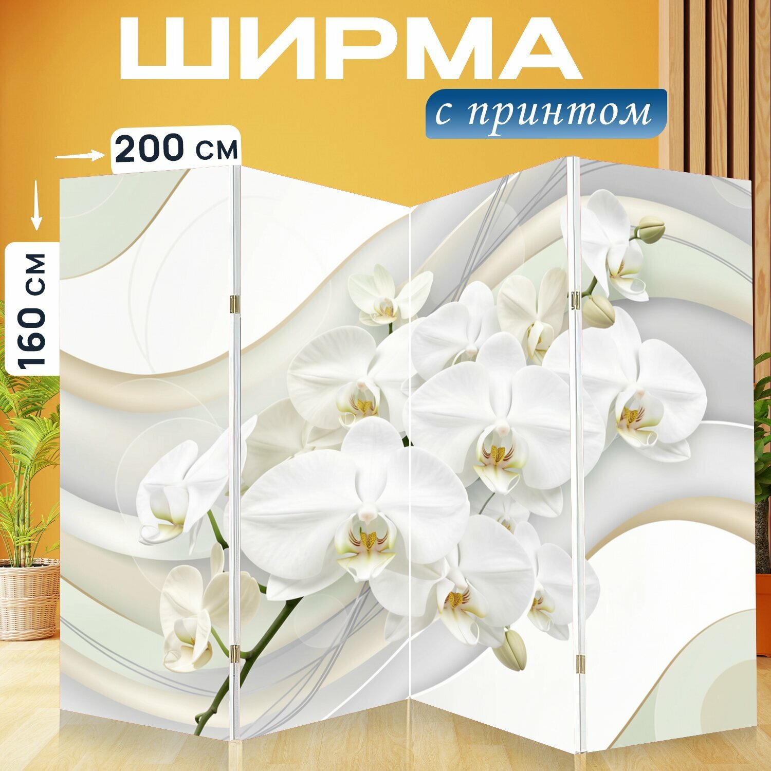 Ширма "Белые орхидеи на абстрактном фоне. Нежная цветочная композиция с белоснежными орхидеями, плавными." перегородка для зонирования комнаты с принтом 200x160 см. на холсте