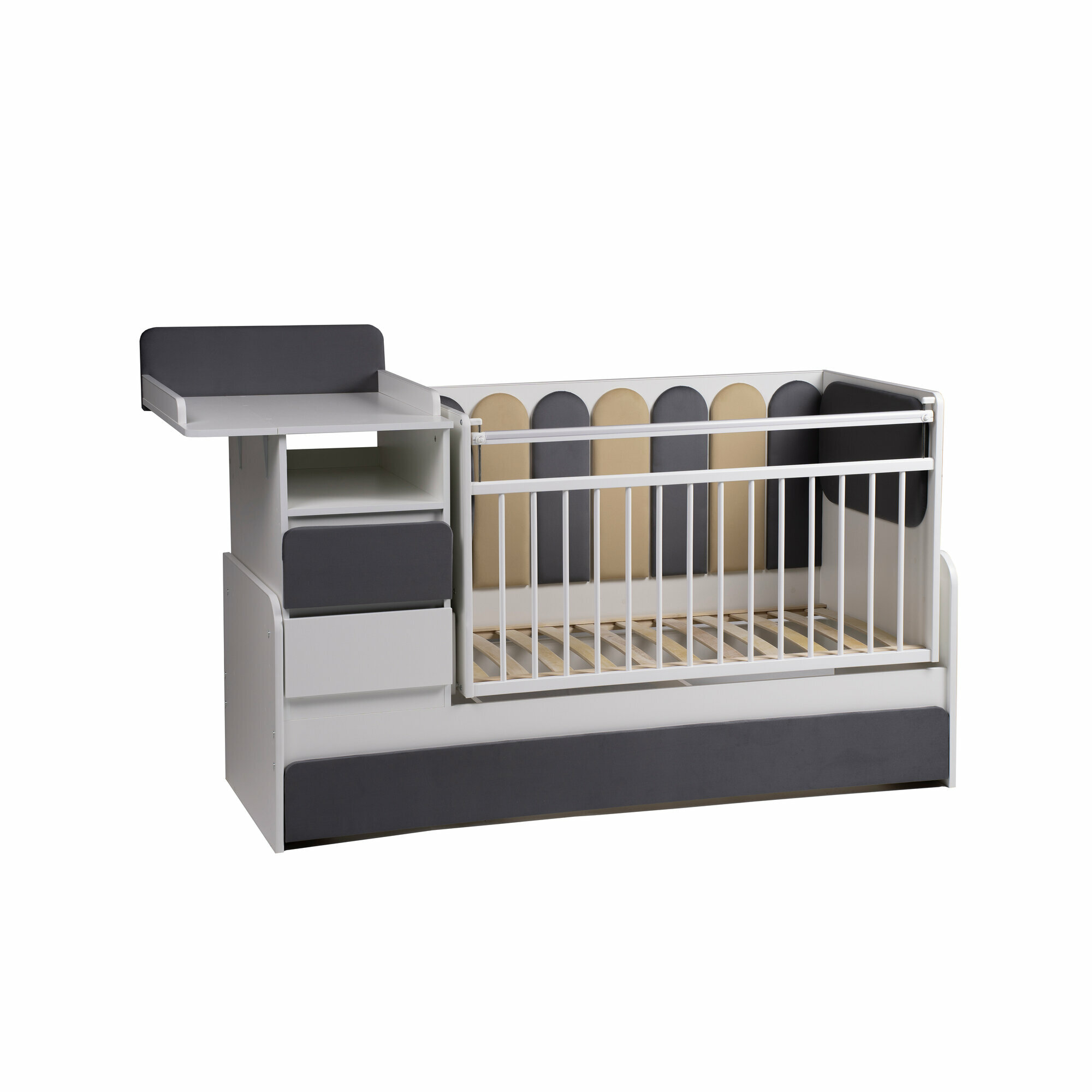 Кровать-трансформер Дивания, корпус белый, велюр, графит, песок