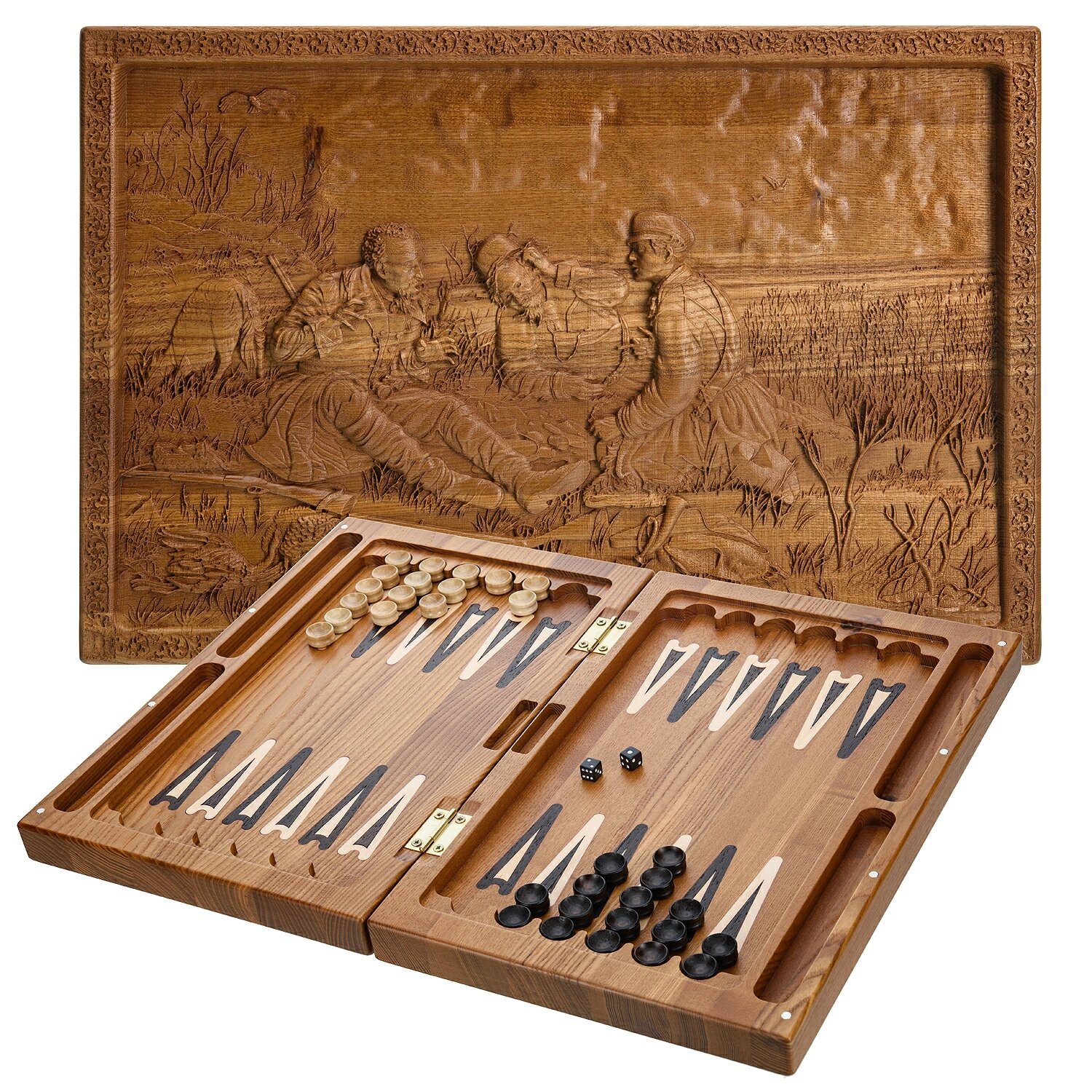 0053572 Нарды+Шашки "охотники на привале" дорожные из массива мореного ясеня 36*46 см 56-24