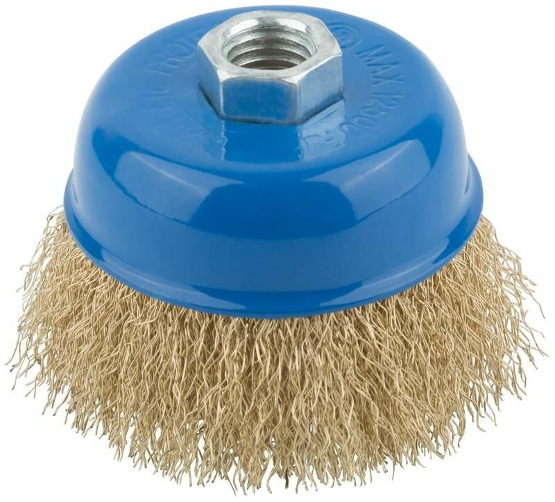 Корщетка тип «чашка» гайка М14 стальная латунированная волнистая проволока 75мм MOS 38942М