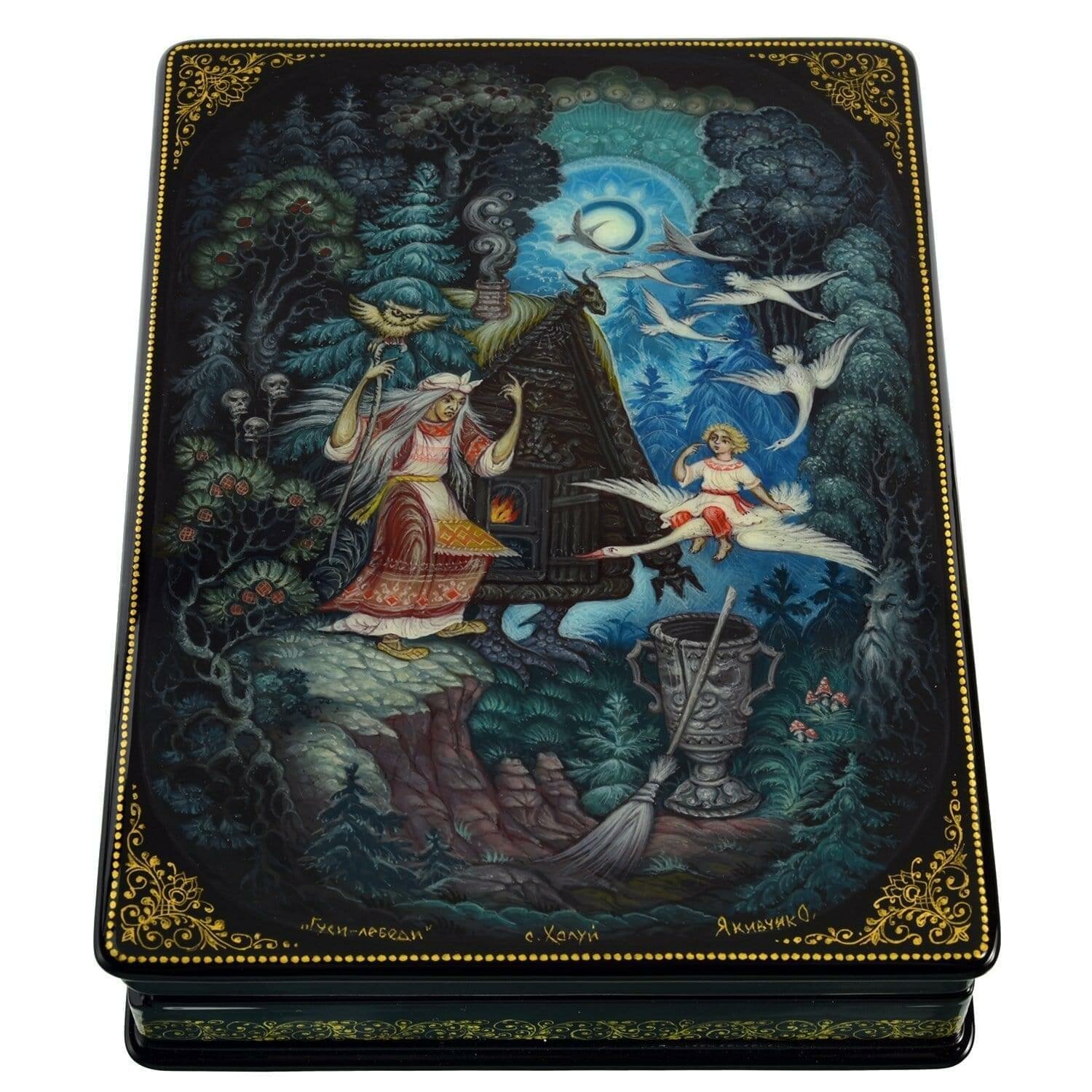 22271 Лаковая миниатюра Шкатулка "Гуси-лебеди" (Починина) 16*13см (1168-1)